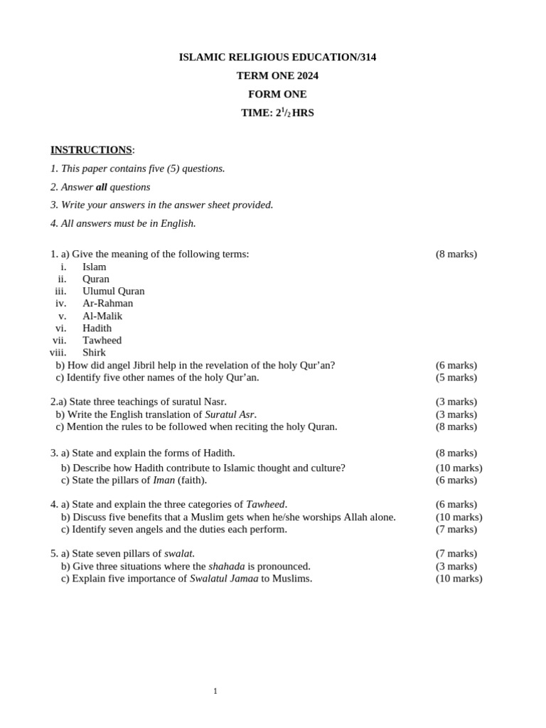 Form 1 I.R.E - Question Paper | PDF