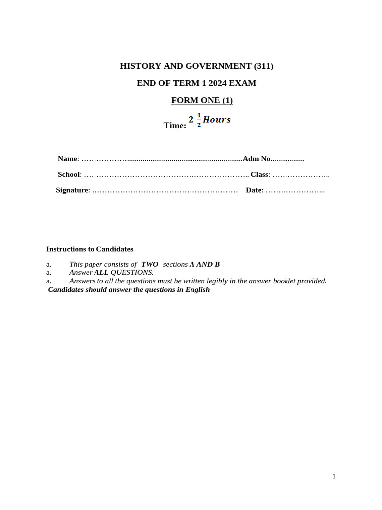 Form 1 History - Question Paper | PDF | Stone Age | Archaeology