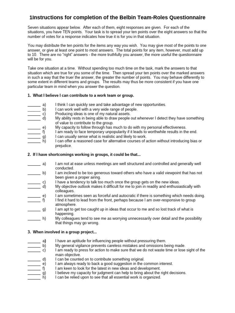 Belbin Team Roles Inventory | PDF | Leadership | Team Building