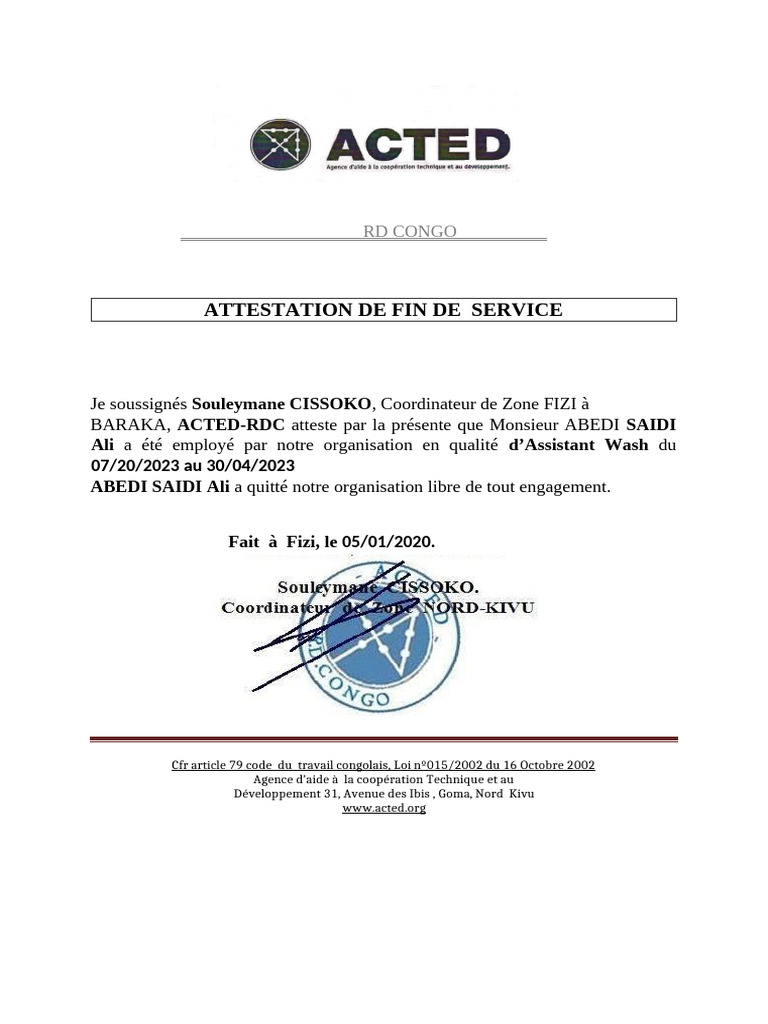 Attestation de fin de service - ABEDI SAIDI | PDF