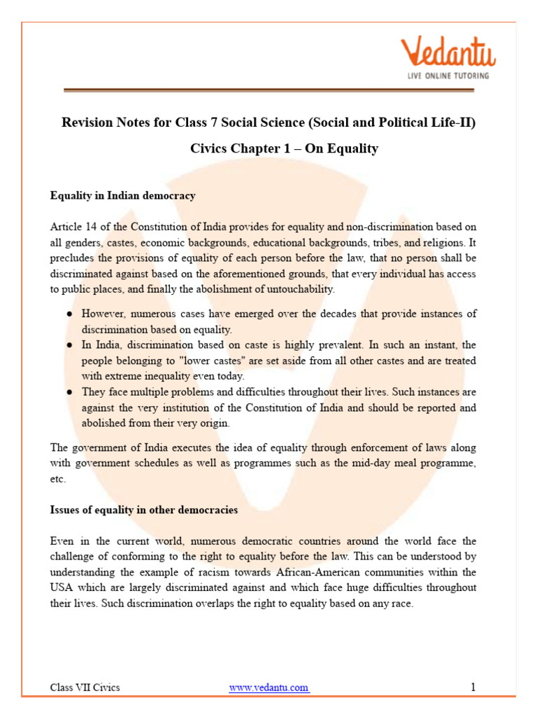 Class 7 Civics: Equality in Democracy | PDF | Social Equality ...