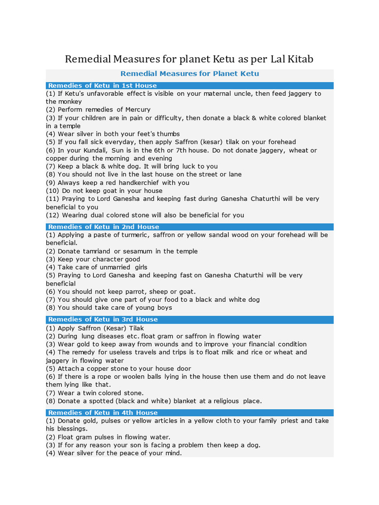 Remedial Measures For Planet Ketu As Per Lal Kitab | PDF