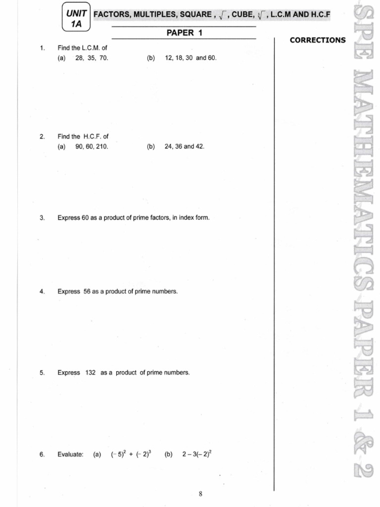 Unit 1A (Factors, Multiples, Square, Square Root, Cube, Cube Root, LCM ...