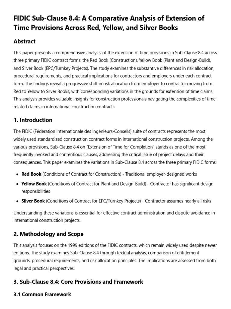 FIDIC Sub-Clause 8.4 - A Comparative Analysis of Extension of Time Provisions Across Red, Yellow ...