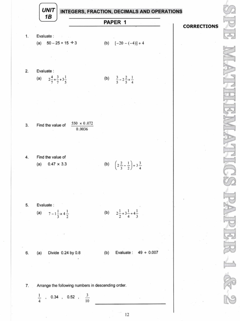 Unit 1B (Integers, Fraction, Decimals, Operation) | PDF | Arithmetic ...