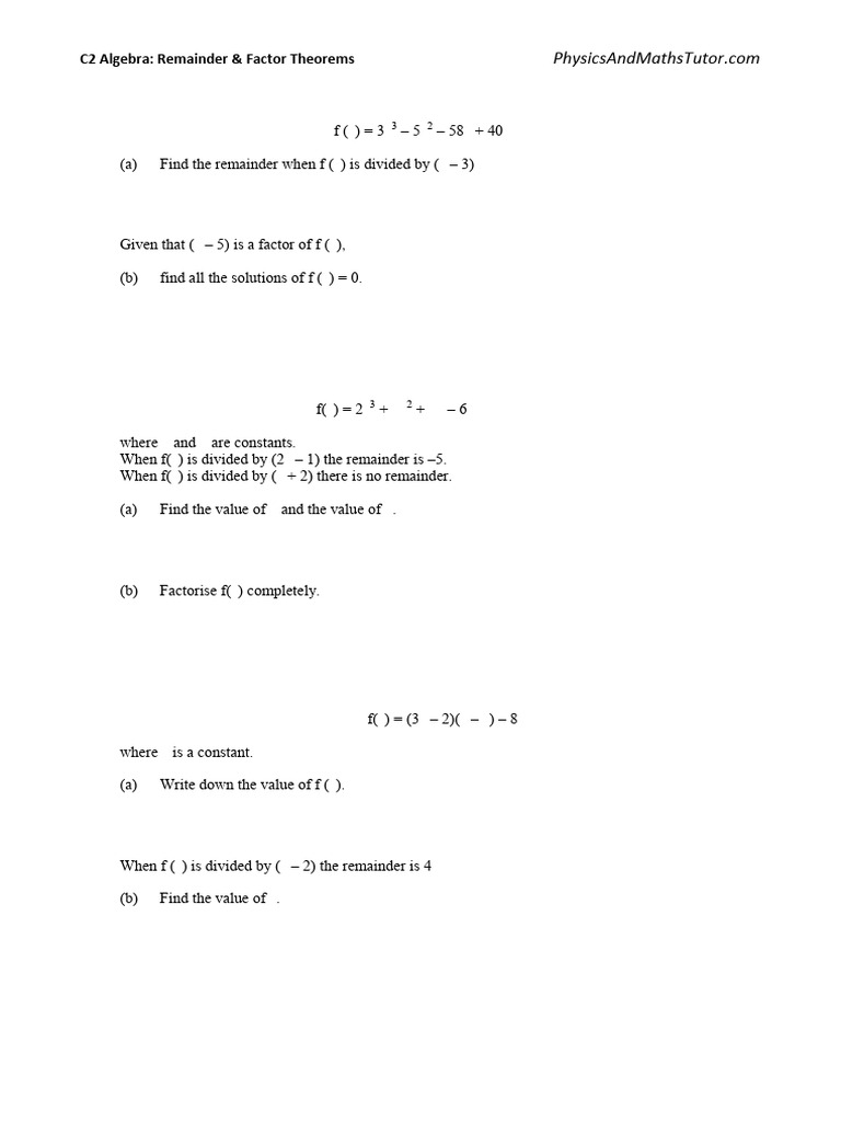 Remainder and Factor Theorem | PDF | Factorization | Elementary Mathematics
