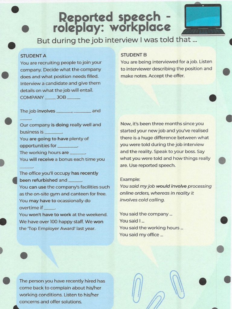 Reported Speech Role Play | PDF