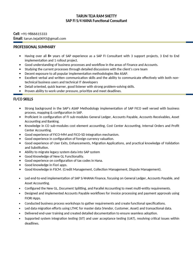 Tarun Teja SAP FI S4 HANA CV | PDF | Accounts Payable | Business