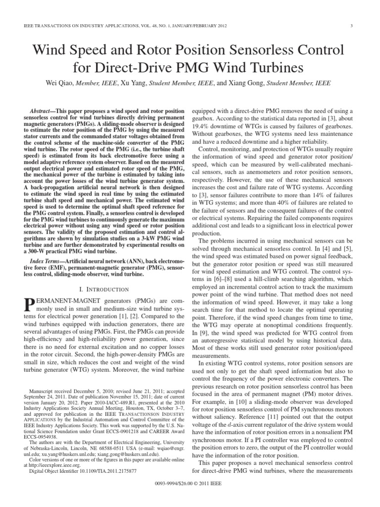 Wind Speed and Rotor Position Sensorless Control For Direct-Drive PMG Wind Turbines | PDF | Wind ...