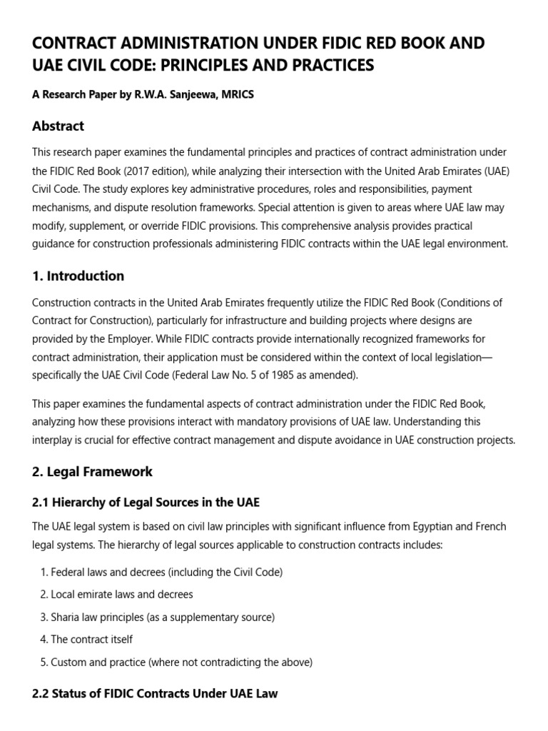 Contract Administration Under Fidic Red Book and Uae Civil Code ...