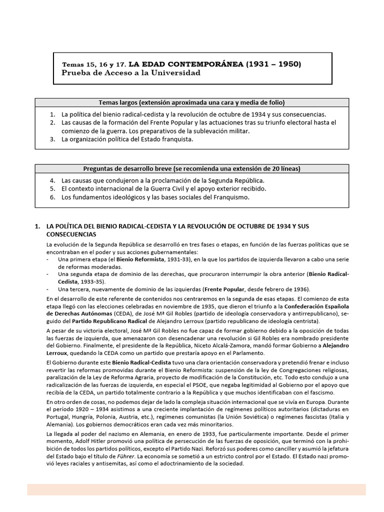 Preparación PAU - Segunda Repúbica, Guerra Civil, Franquismo | PDF ...