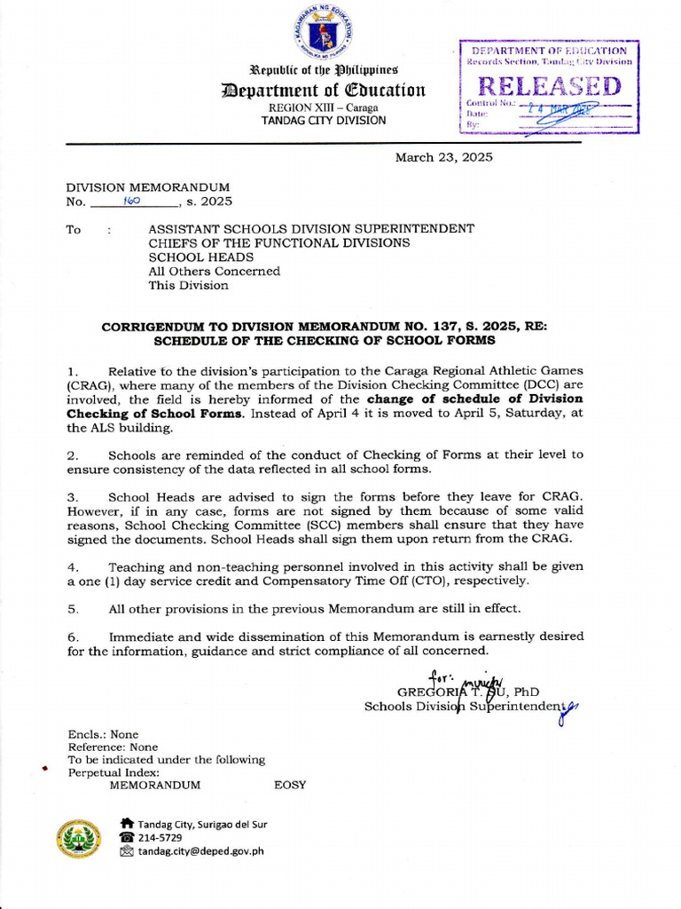 DM No. 160 S. 2025 Corrigendum To Division Memorandum No. 137 S. 2025 ...