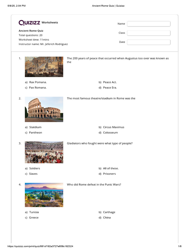 Ancient Rome Quiz Worksheet | PDF | Ancient Rome | Roman Republic