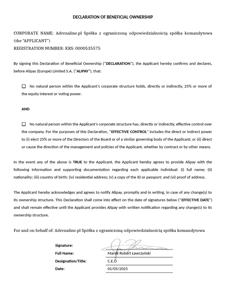 Declaration of Beneficial Ownership Filled | PDF