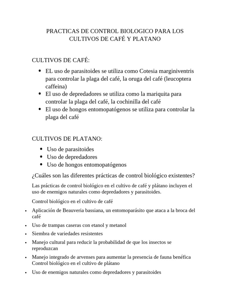 Practicas de Control Biologico para Los Cultivos de Café y Platano | PDF | Control biológico de ...