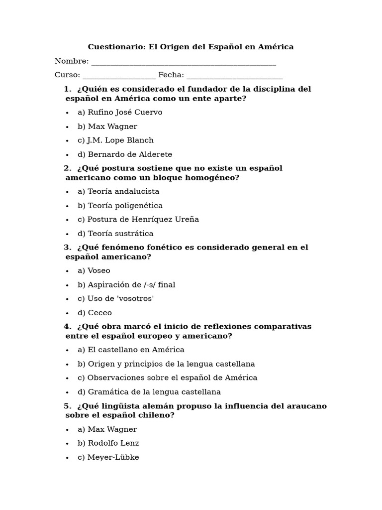 Cuestionario sobre el Español en América | PDF