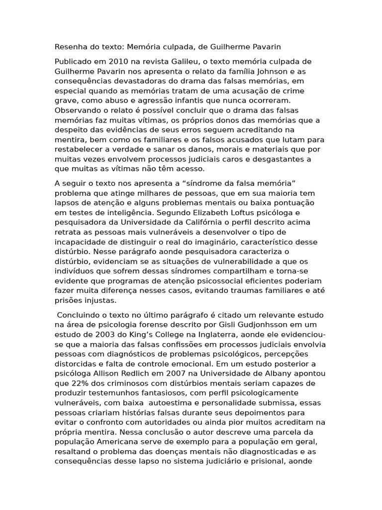 Falsas Memórias e suas Consequências | PDF | Psicologia | Distúrbio mental