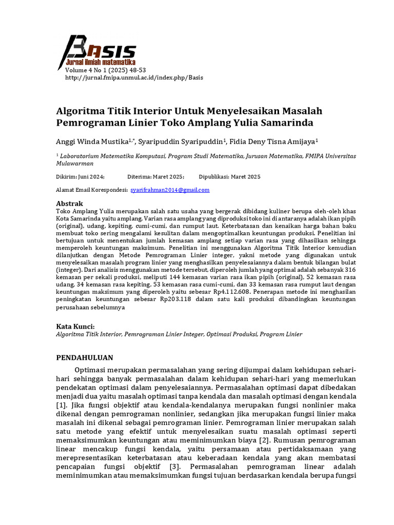 Algoritma Titik Interior Untuk Menyelesaikan Masalah Pemrograman Linier ...