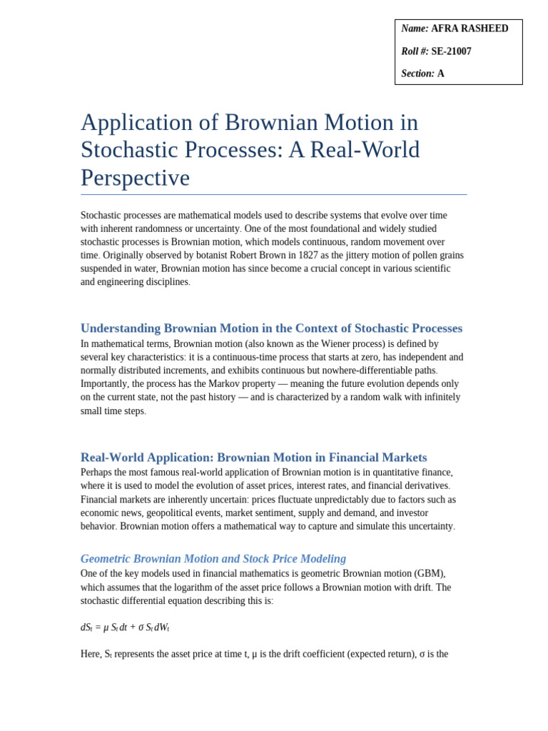 Stochastic Processes Assignment | PDF | Stochastic Process | Brownian Motion