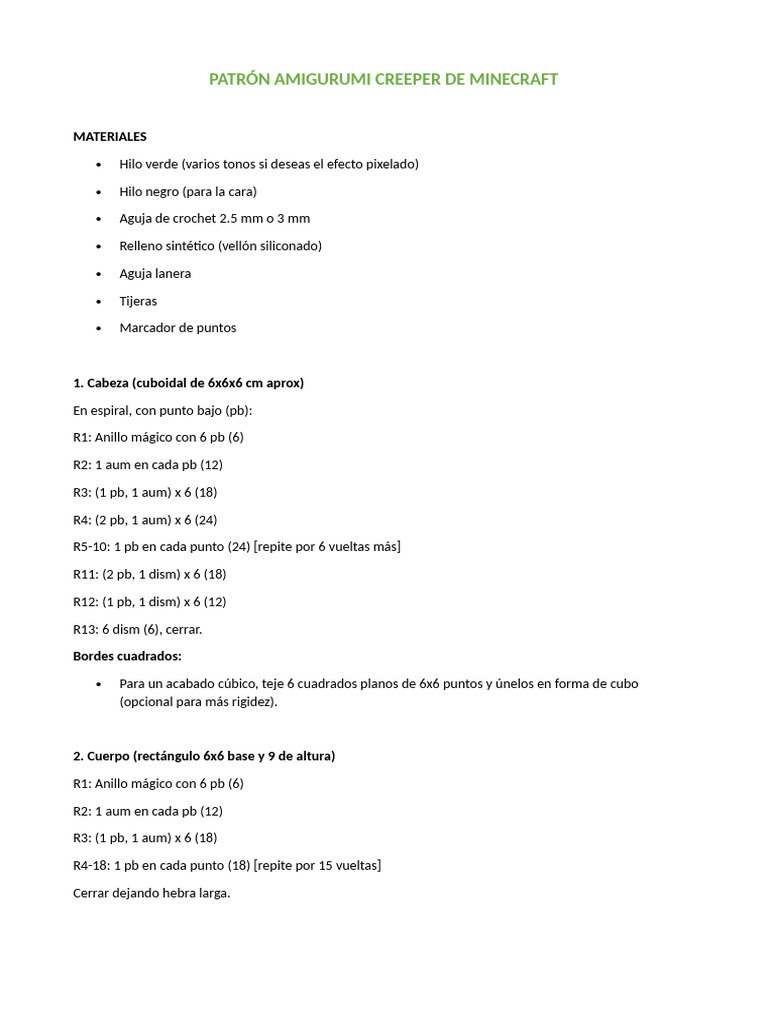 Patrón Amigurumi Creeper de Minecraft | PDF