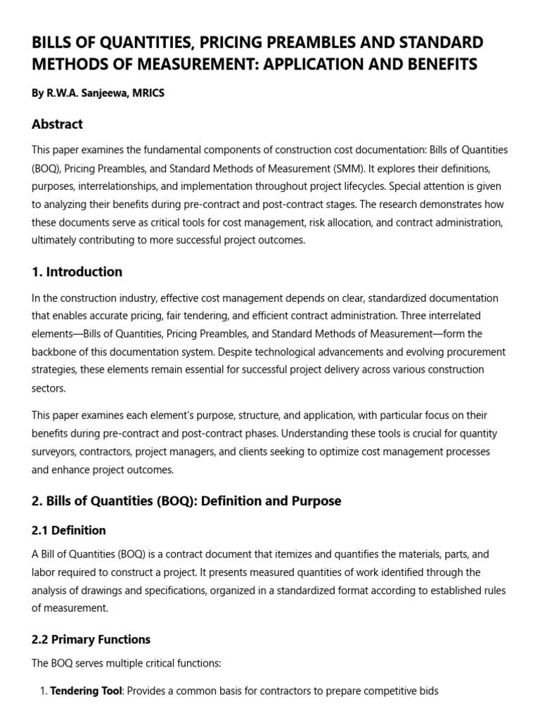 BILLS OF QUANTITIES, PRICING PREAMBLES AND STANDARD METHODS OF ...