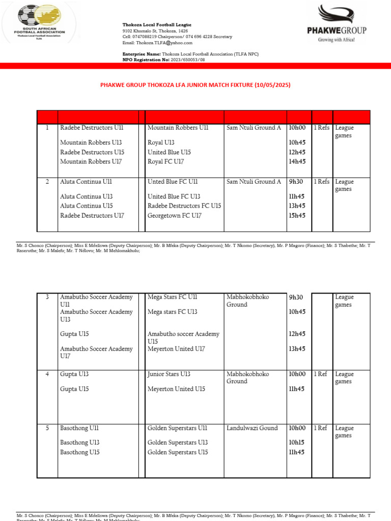 Thokoza LFA Junior Match Fixtures 2025 | PDF