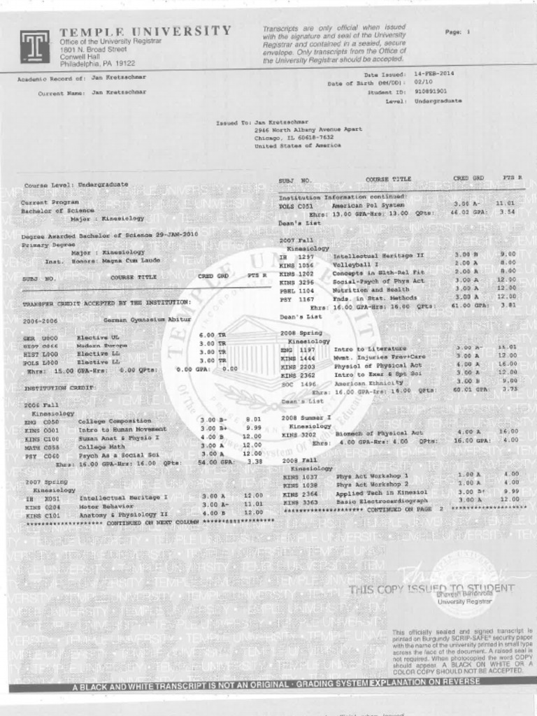 Undergraduate Transcripts - Kretzschmar | PDF