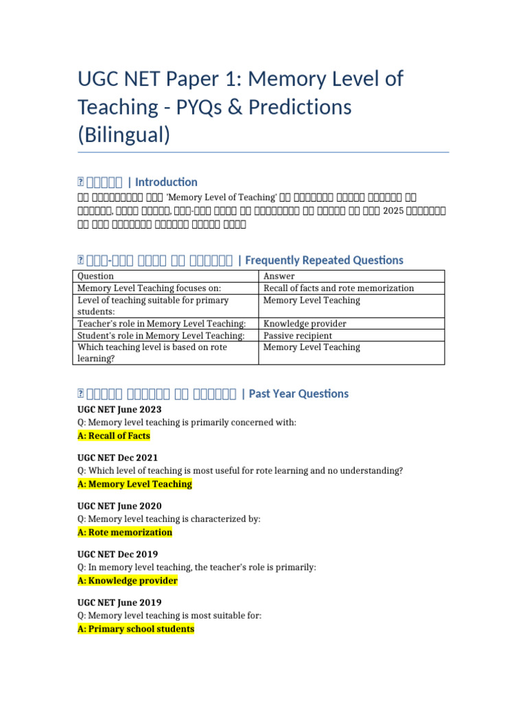 Memory Level Teaching UGC NET PYQs and Predictions | PDF