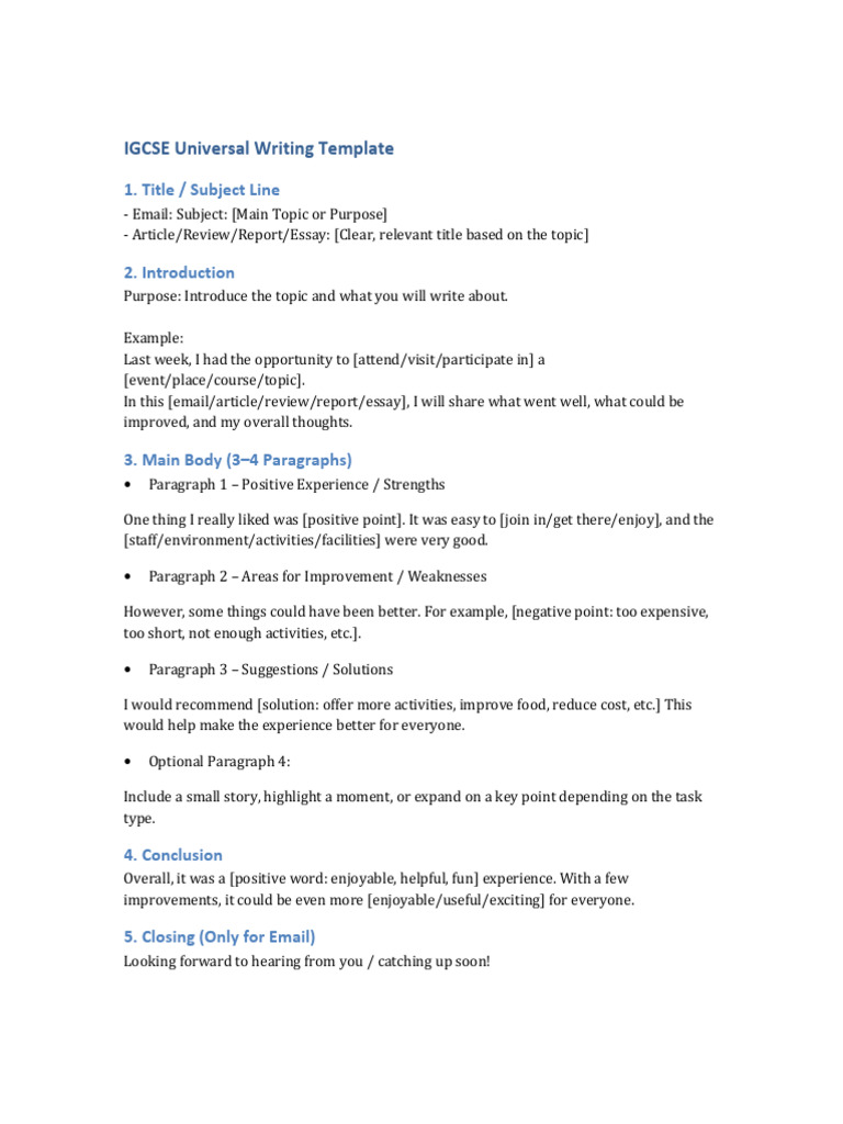 IGCSE Universal Writing Template | PDF
