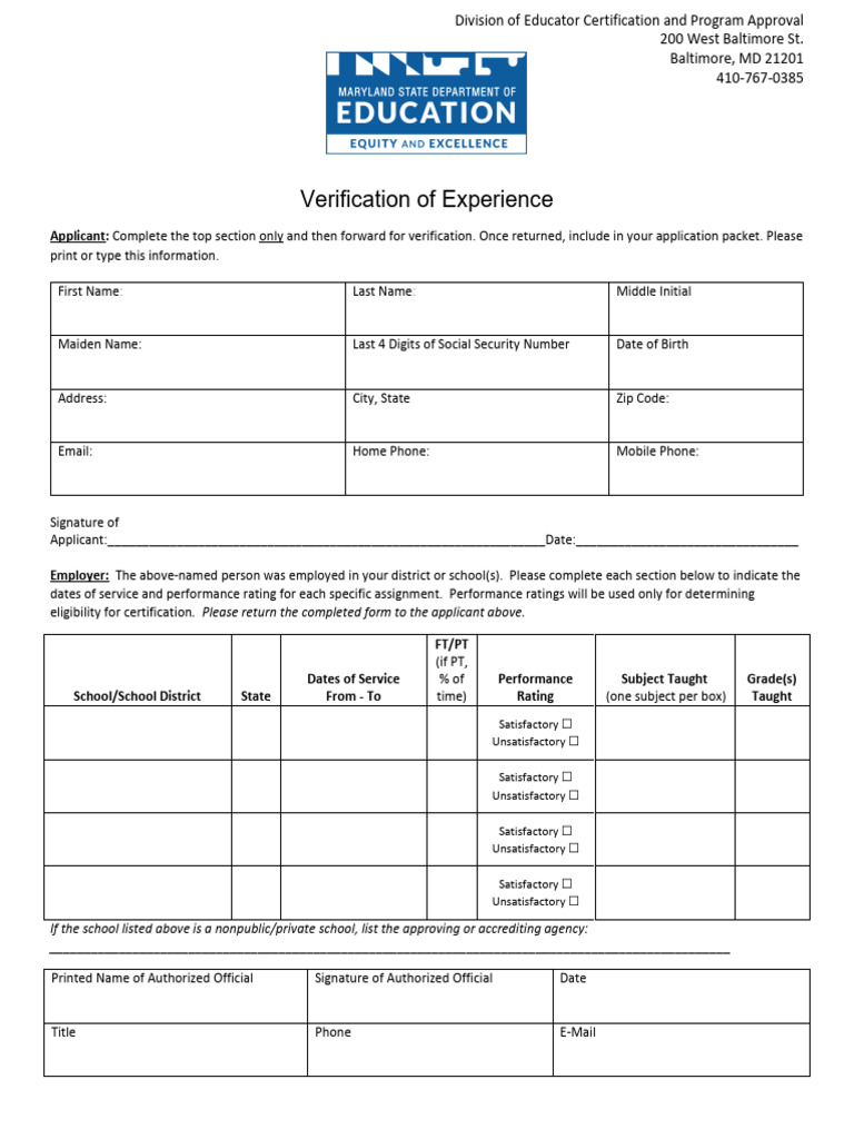 Experience Verification Form for Educators | PDF | Access Control ...