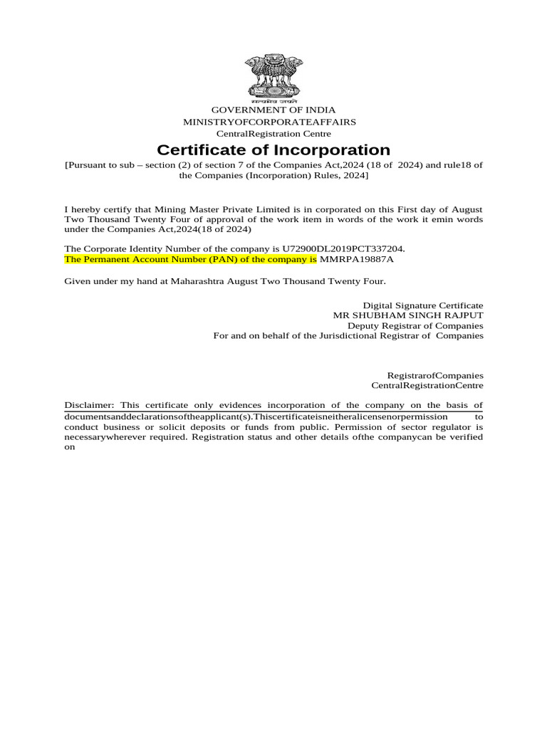 Certificate of Incorporation for Mining Master | PDF