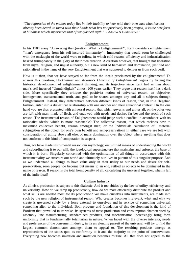 Written Assignment - CC - Adorno and Horkheimer | PDF | Liberal Arts Education | Sociological ...