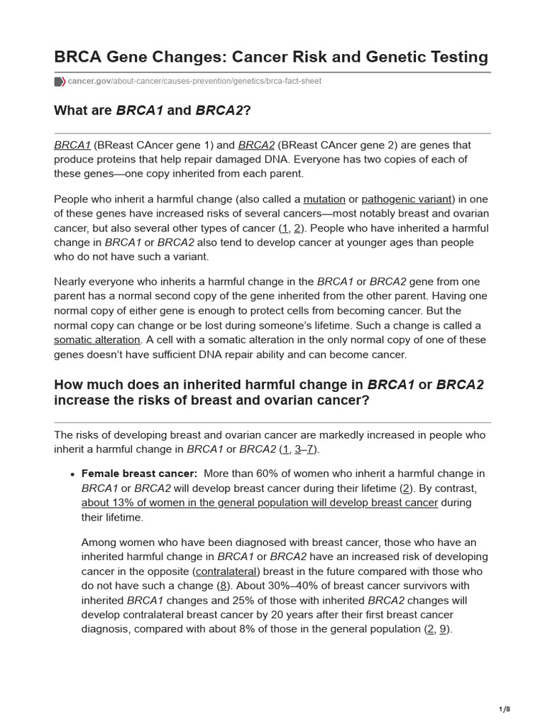 Cancer - gov-BRCA Gene Changes Cancer Risk and Genetic Testing | PDF ...