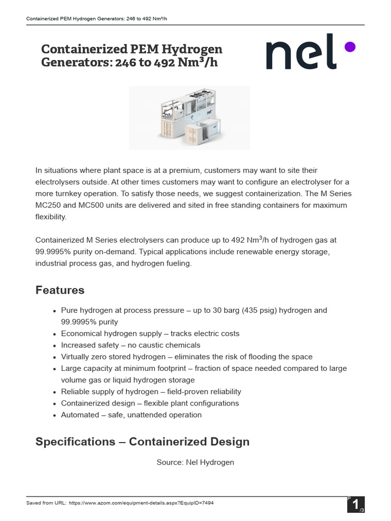 Containerized PEM Hydrogen Generators 246 To 492 Nmc2b3h | PDF ...