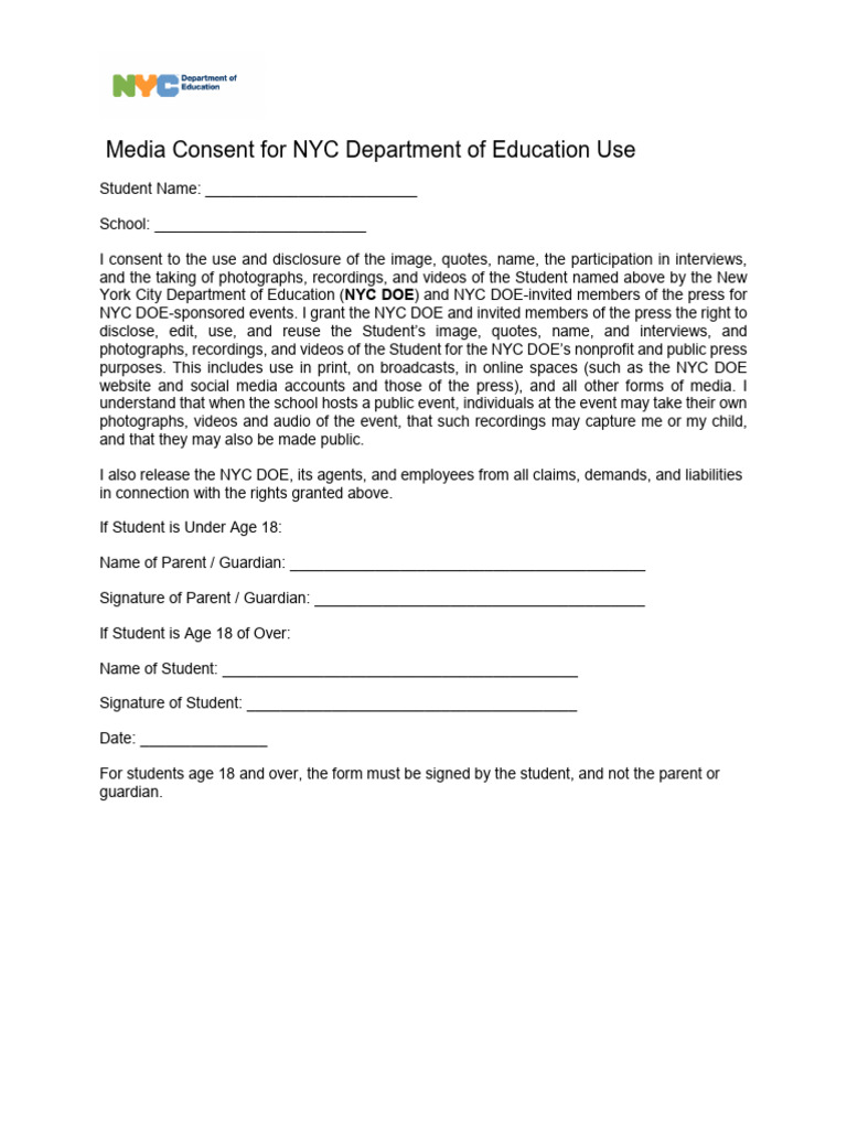 Media Consent For NYC Department of Education Use | PDF