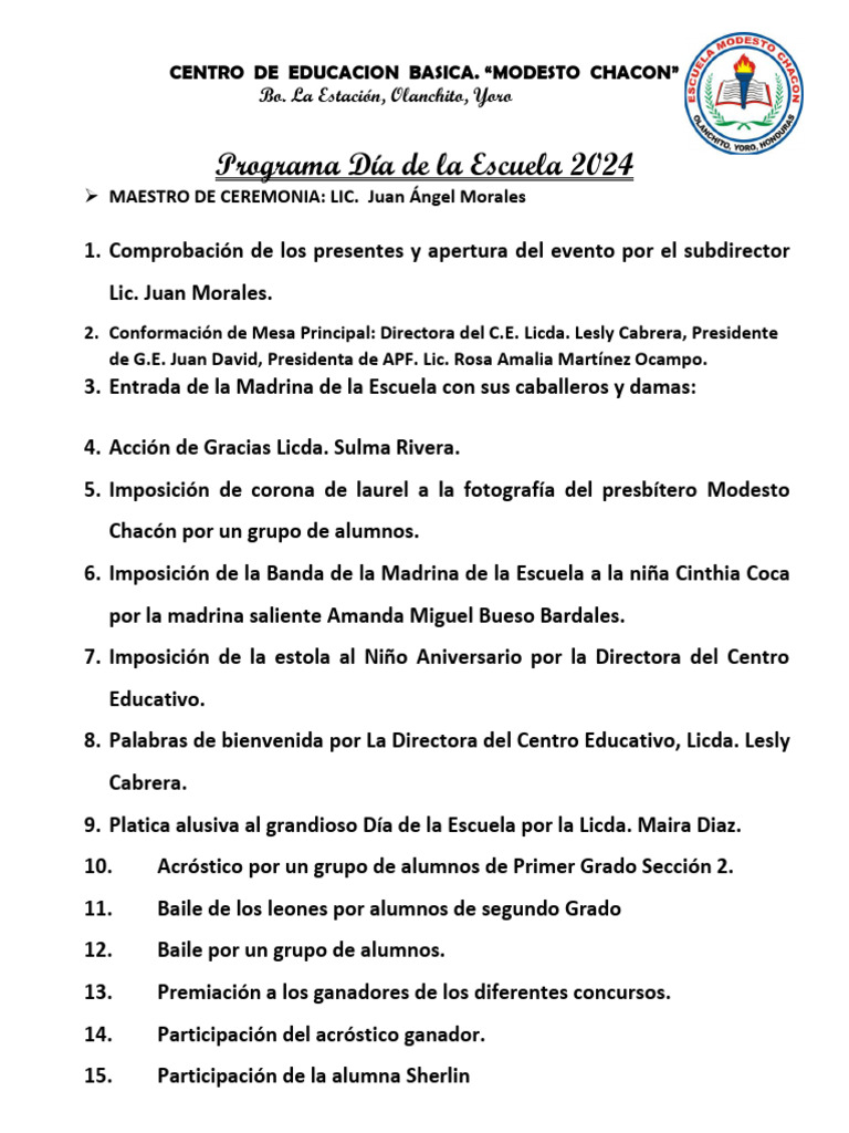 PROGRAMA Aniversario Escuela 2024 PDF | PDF