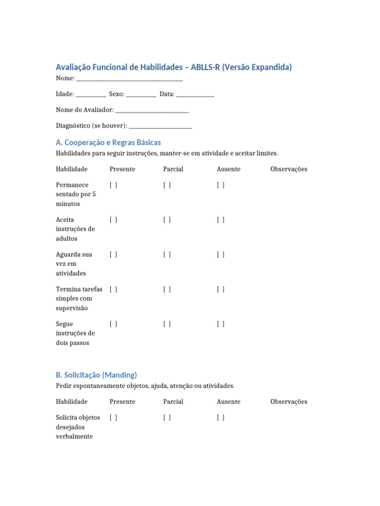 Checklist ABLLS-R Expandido Exemplo | PDF