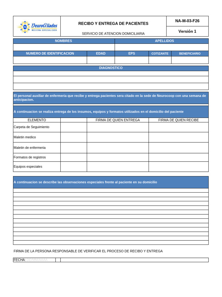 12-Recibo y Entrega de Pacientes-.Nc-M-03-F26 | PDF