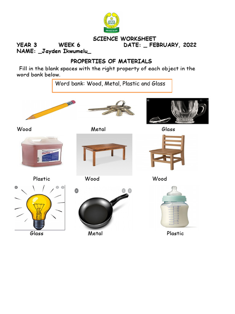 Year 3 Science Worksheet: Materials | PDF