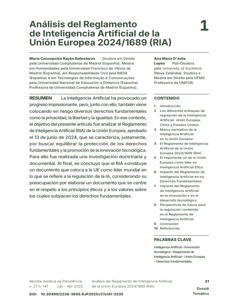 1 Análisis Del Eglamento de Inteligencia Artificial de La Unión Europea 2024-1689 (RIA) | PDF ...