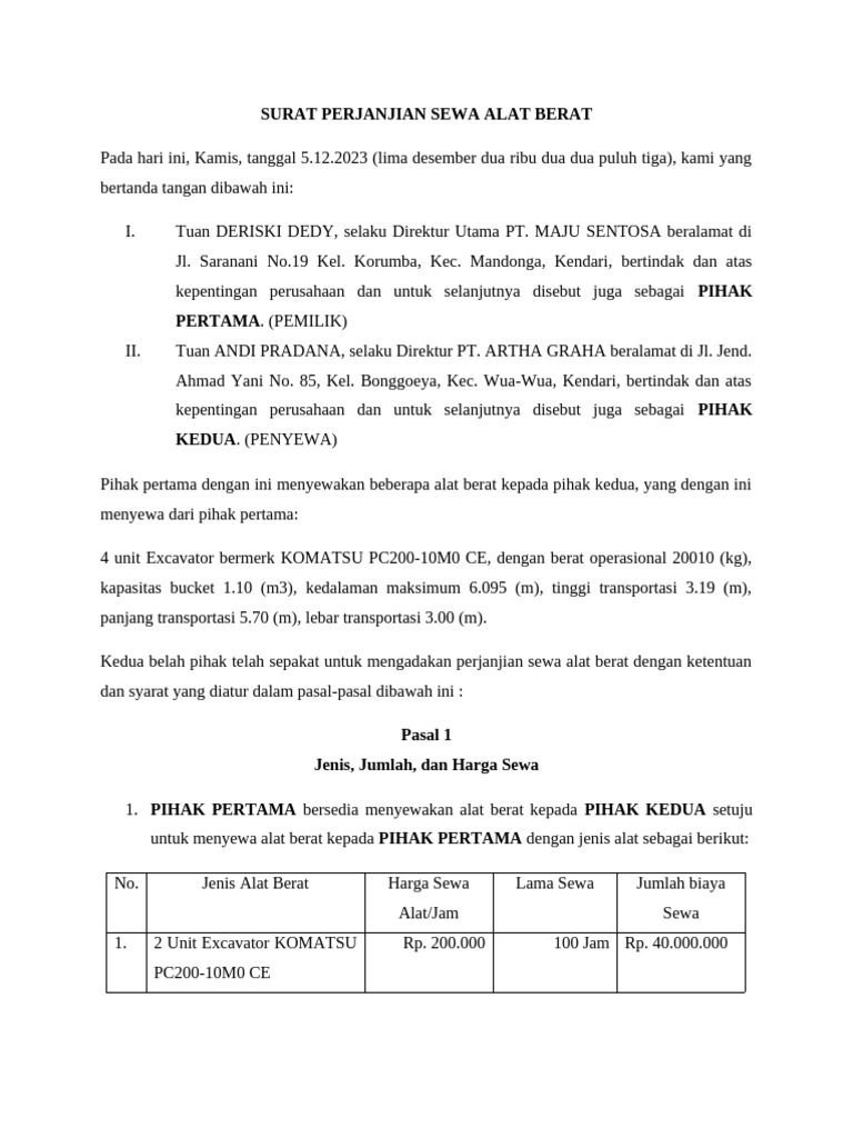Surat Perjanjian Sewa Alat Berat | PDF