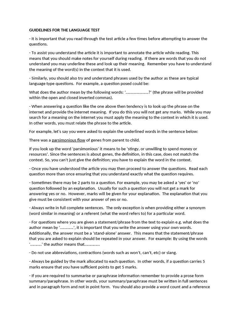 Guidelines For Language Test | PDF | Ellipsis | Question