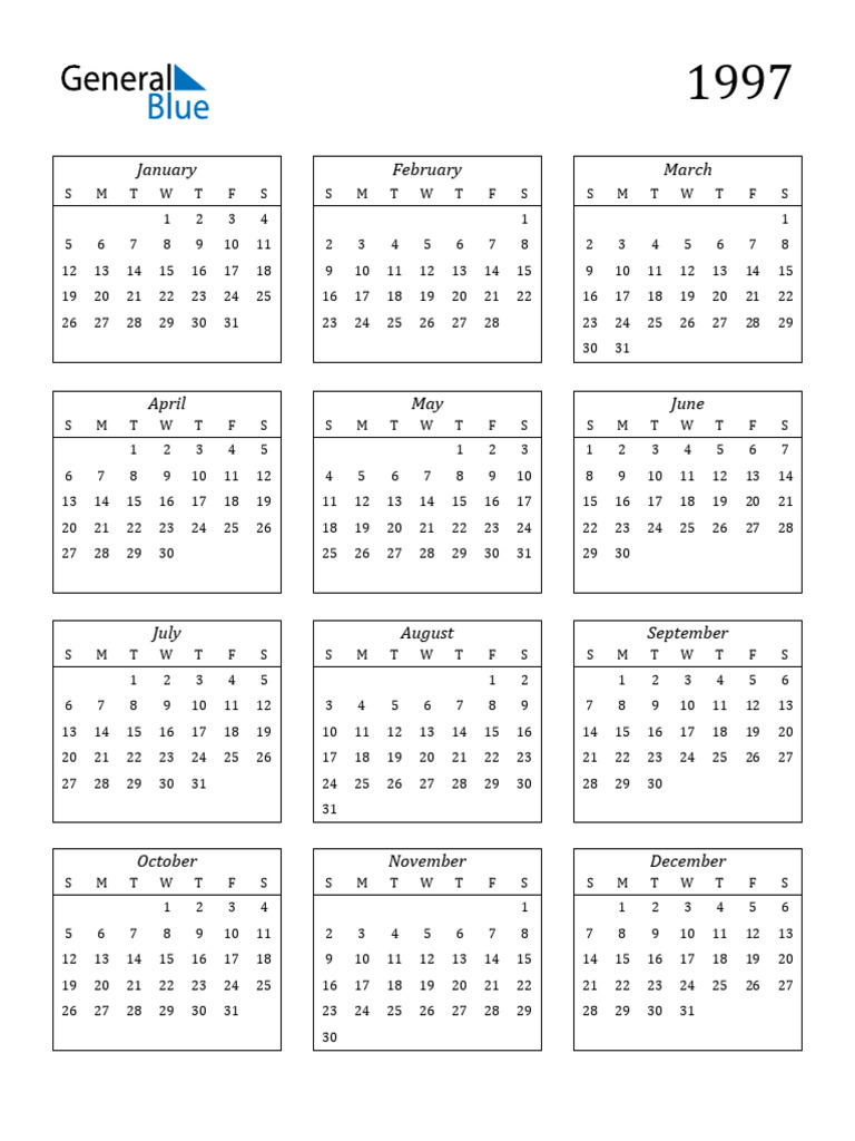 1997 Calendar Streamlined Portrait Sunday Start | PDF