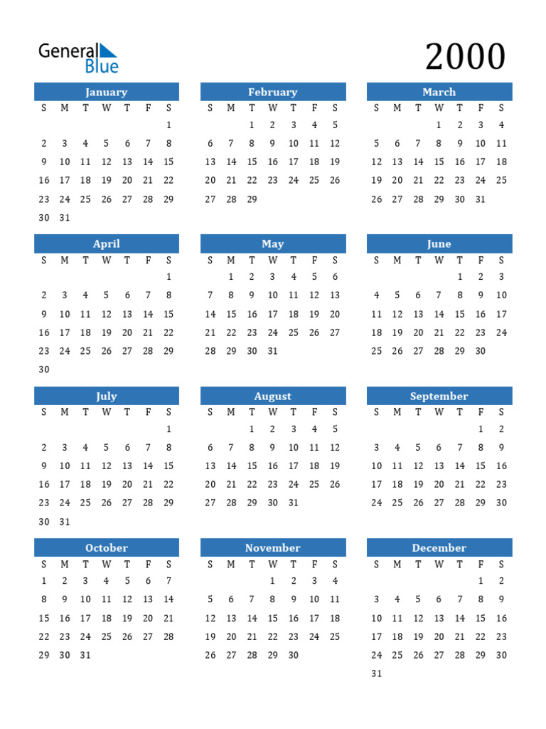 2000 Calendar Portrait Sunday Start | PDF