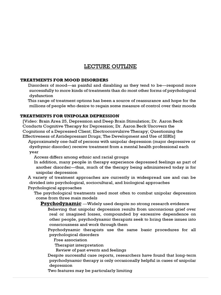Treatment of Depressive and Bipolar Disorder (Lecture Outline) (Lecture ...