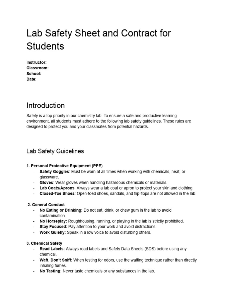 Lab Safety Sheet and Contract for Students | PDF | Occupational Safety ...