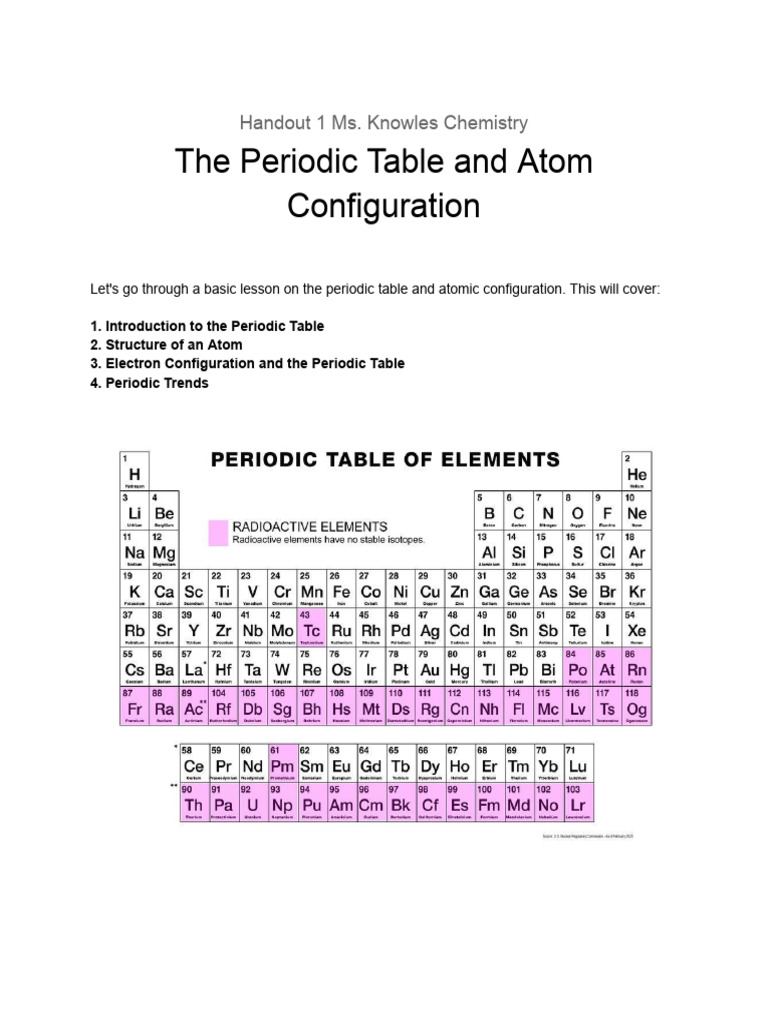 Handout #1 The Periodic Table & Atom Configuration | PDF | Electron ...