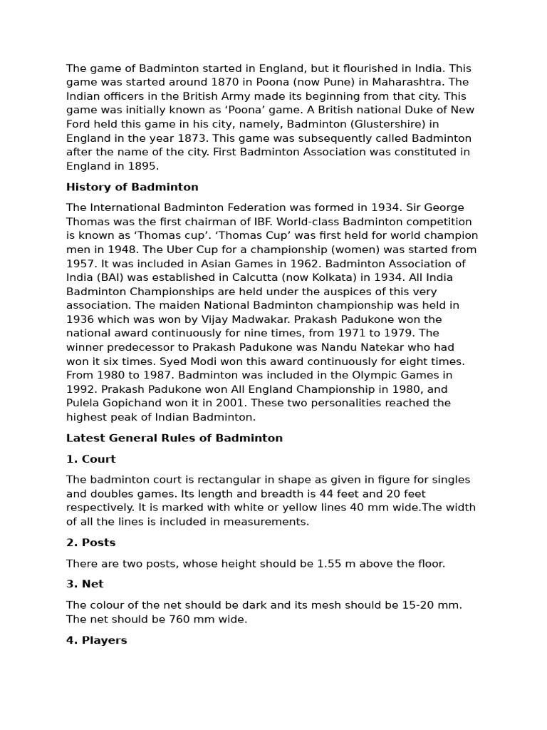 History and Rules of Badminton | PDF | Sports