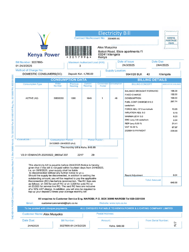 Utility Bills Kenya Kenya Power Electricity Bill - PDF - 20250507 ...