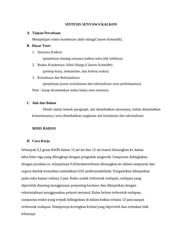 Format Laporan Praktikum Sintesis Senyawa Kalkon | PDF